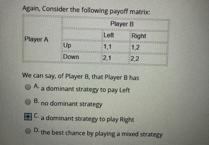 Solved Again, Consider the following payoff matrix: Player B | Chegg.com