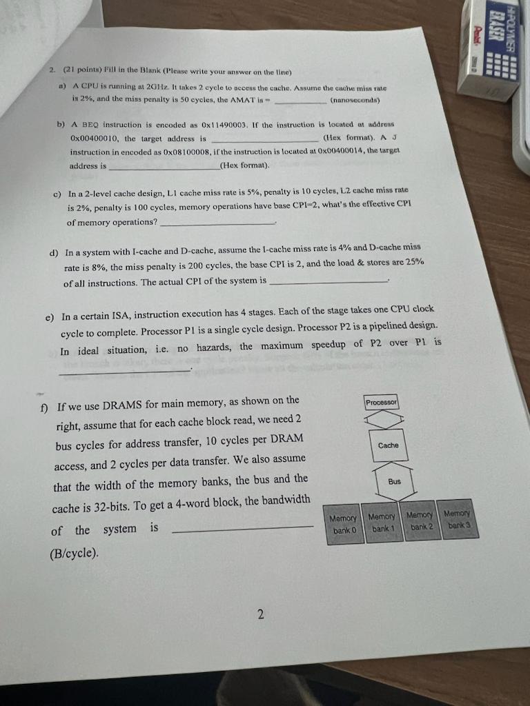 Solved 2. (21 points) fill in the Blunk (Please write your | Chegg.com