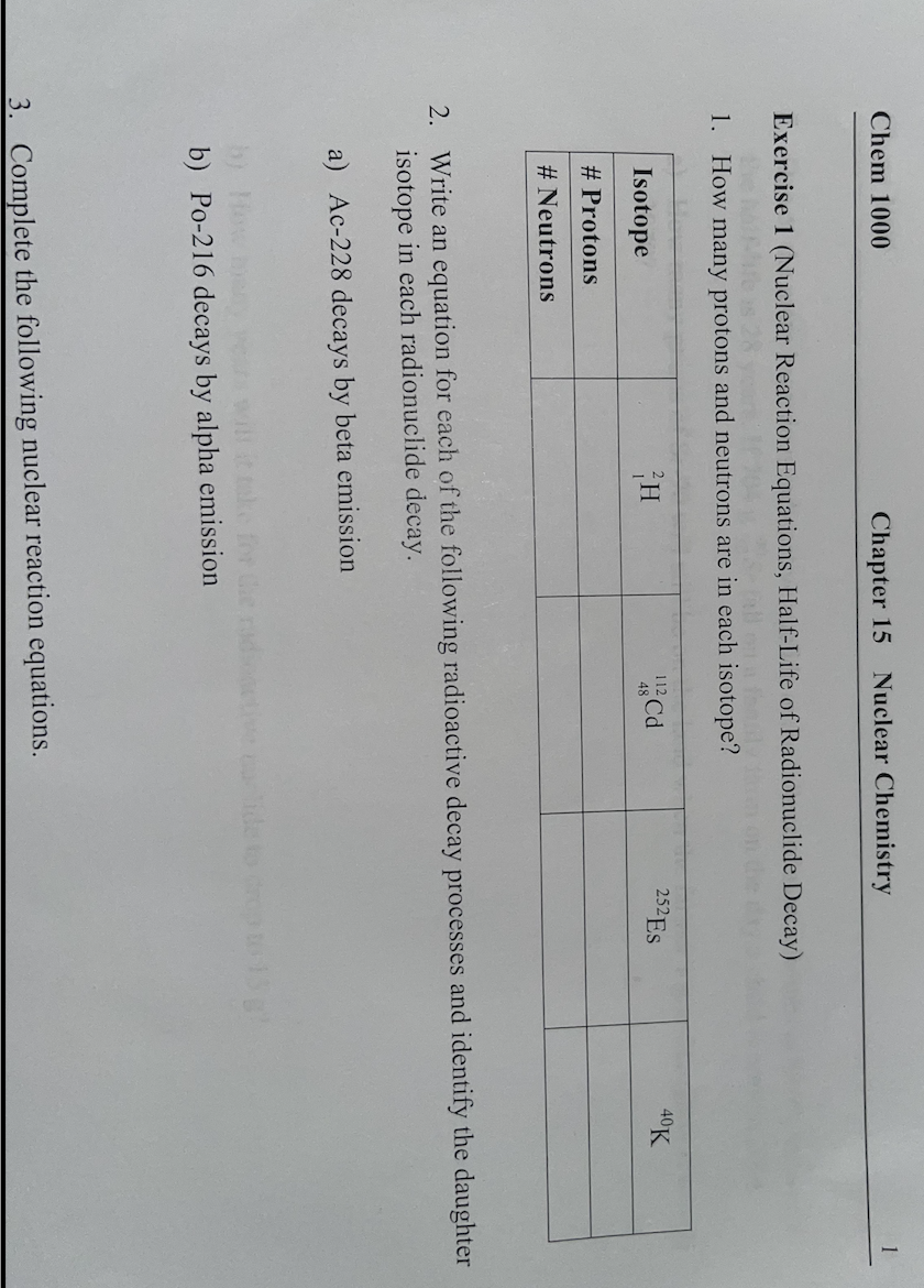 Solved Exercise 1 (Nuclear Reaction Equations, Half-Life of | Chegg.com