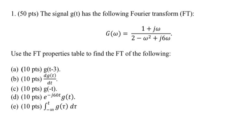 Solved 1. (50 pts) The signal g(t) has the following Fourier | Chegg.com