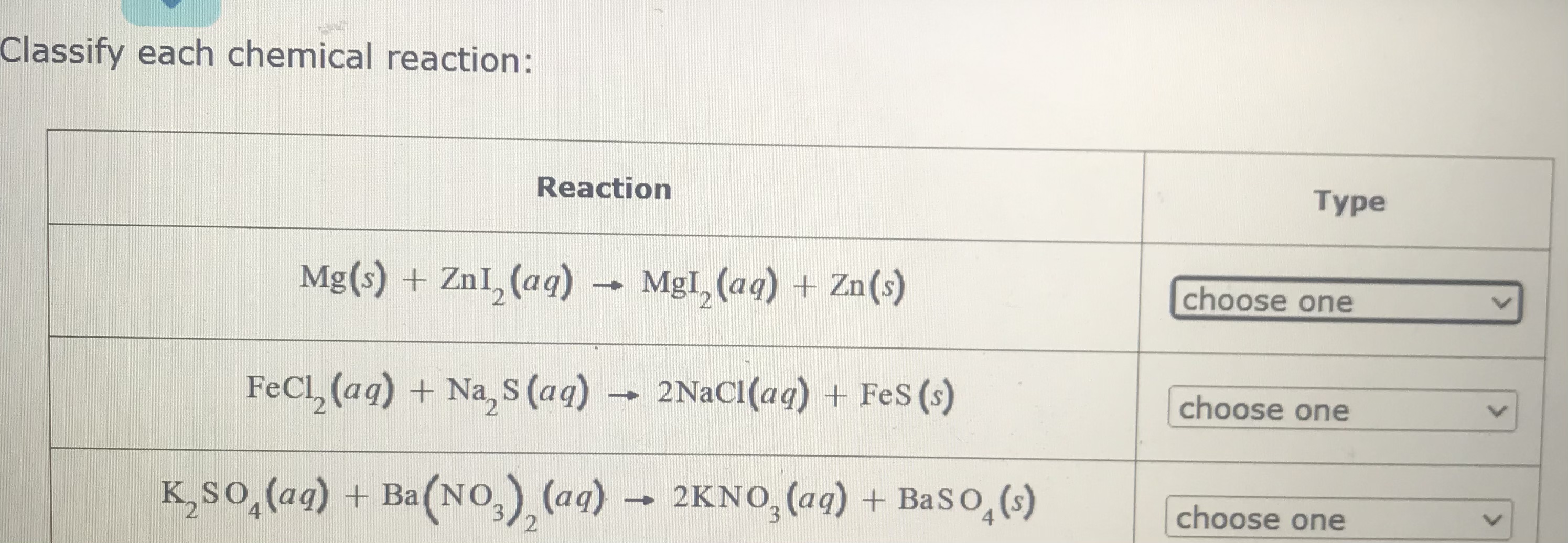 Solved Classify Each Chemical Reaction