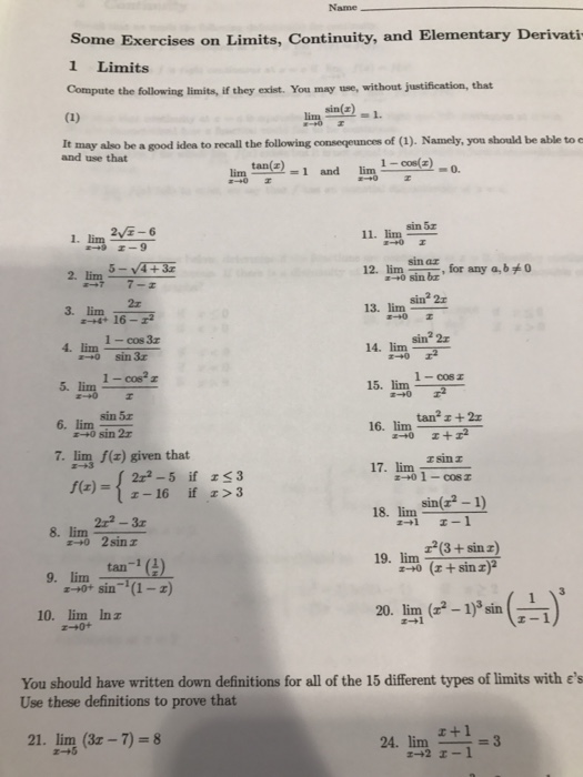 Solved Name Some Exercises on Limits, Continuity, and | Chegg.com