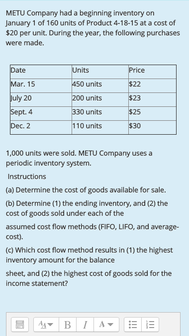 Solved METU Company had a beginning inventory on January 1 | Chegg.com