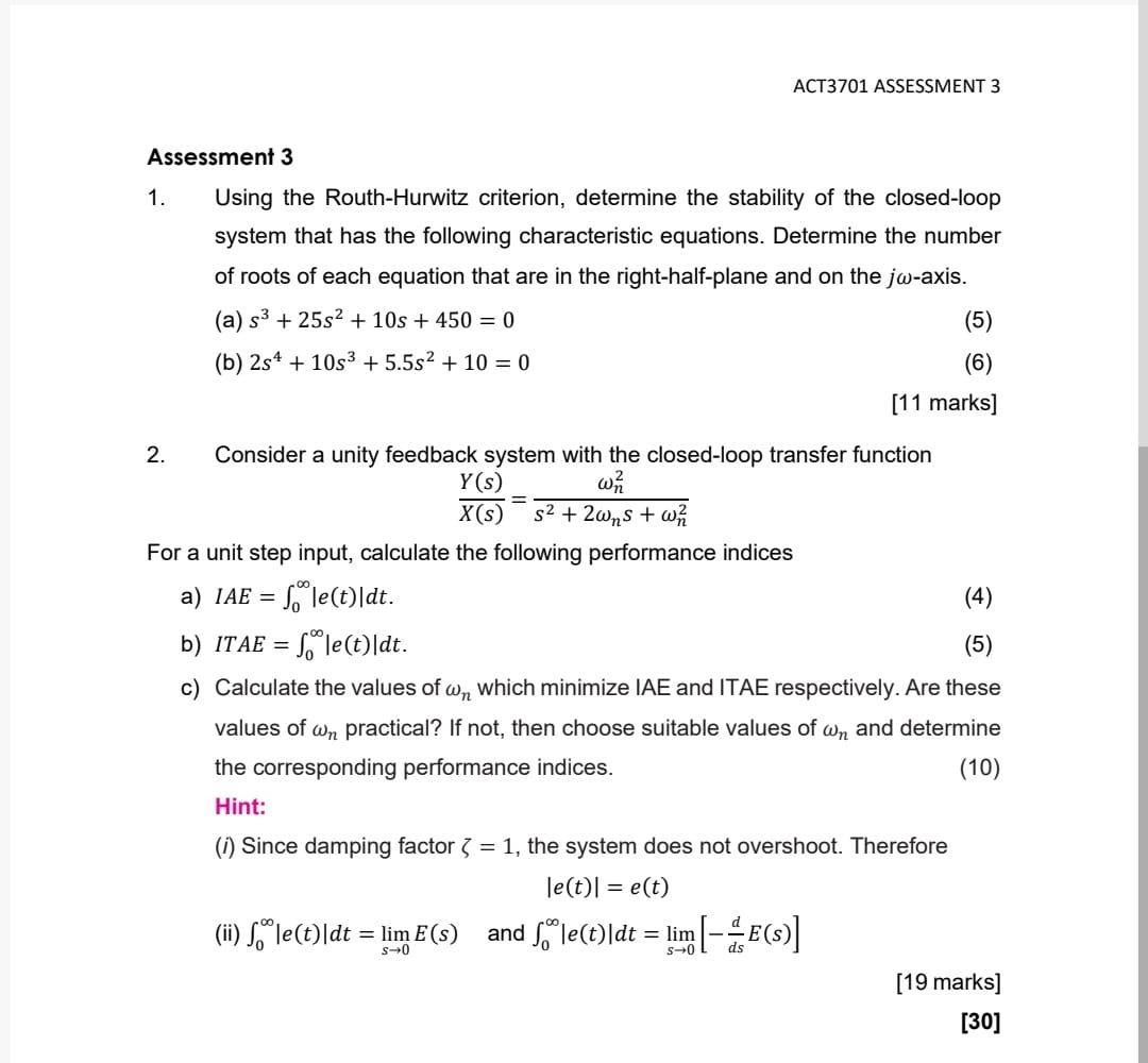 Solved Assessment 3Using the Routh-Hurwitz criterion, | Chegg.com