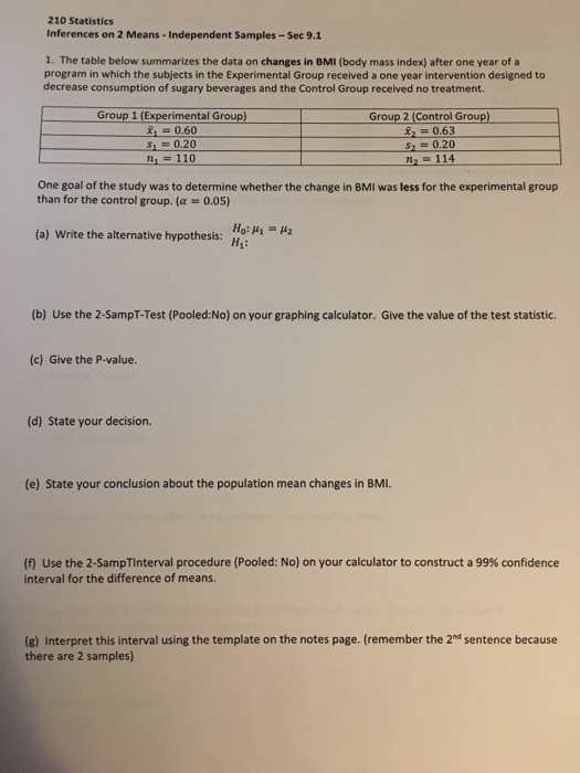 Solved 210 Statistics Inferences on 2 Means- Independent | Chegg.com