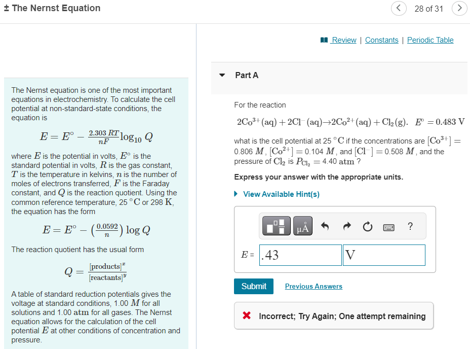 Solved \pm The Nernst Equation 28 of 31 Part A The Nernst | Chegg.com