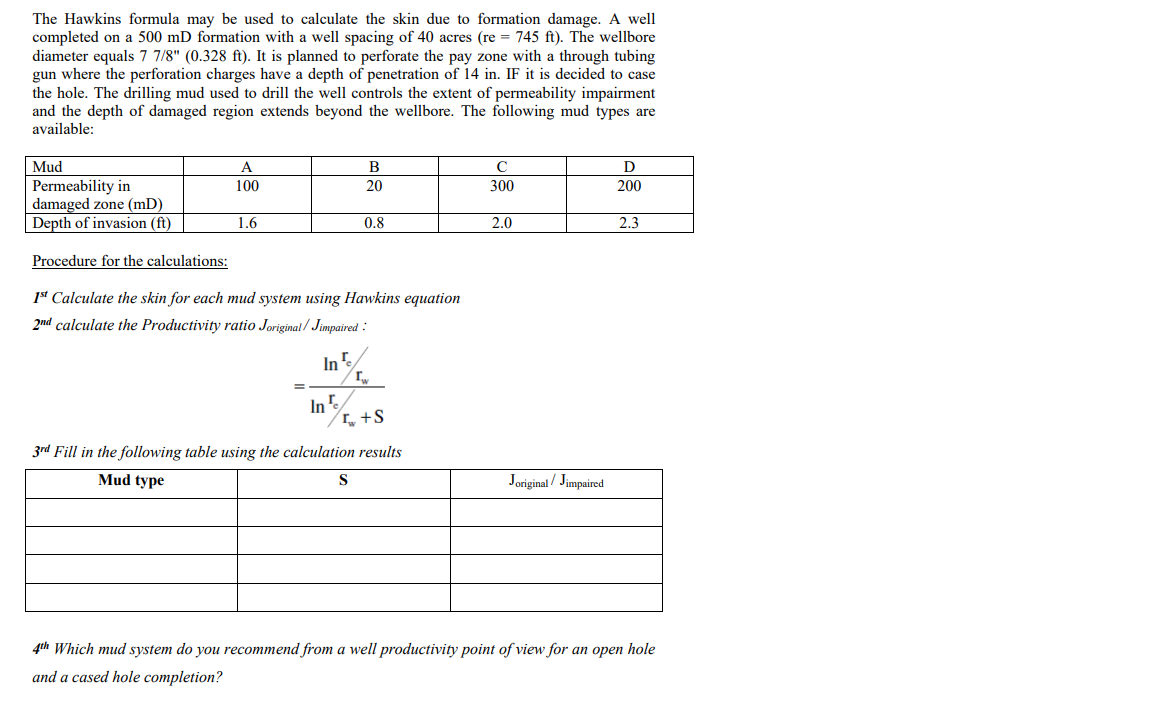 Solved The Hawkins formula may be used to calculate the skin | Chegg.com