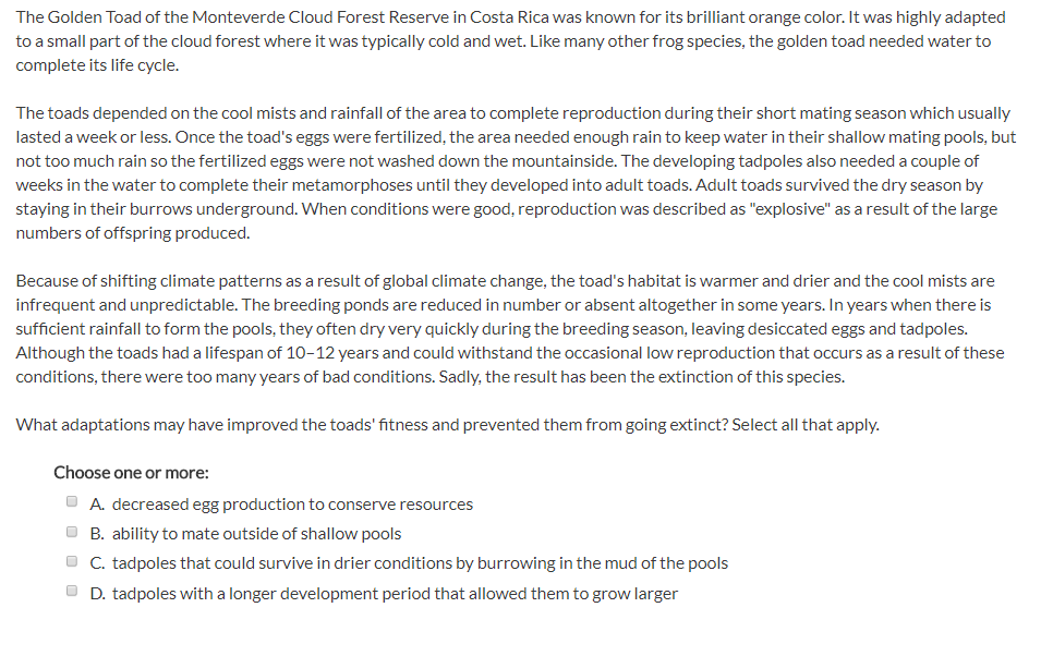 Solved The Golden Toad of the Monteverde Cloud Forest | Chegg.com