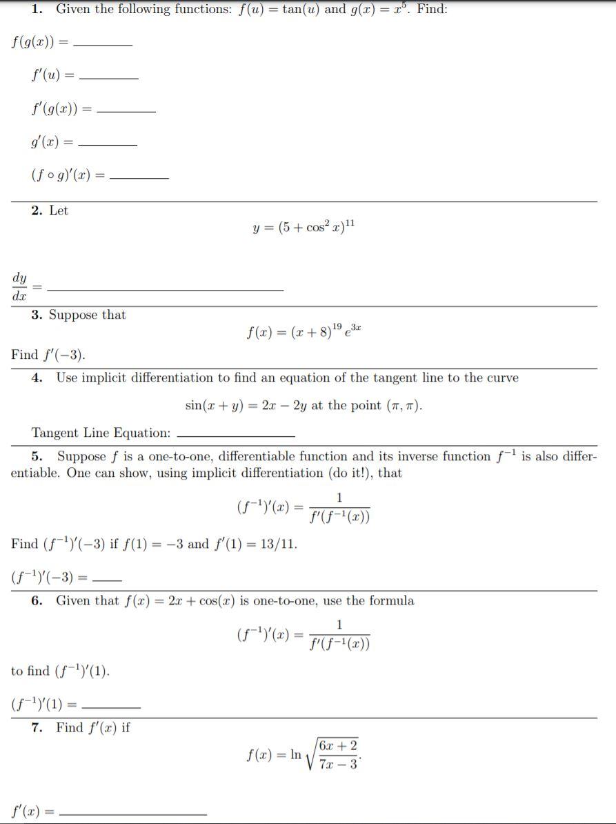Solved 1. Given the following functions: f(u) =tan(u) and | Chegg.com
