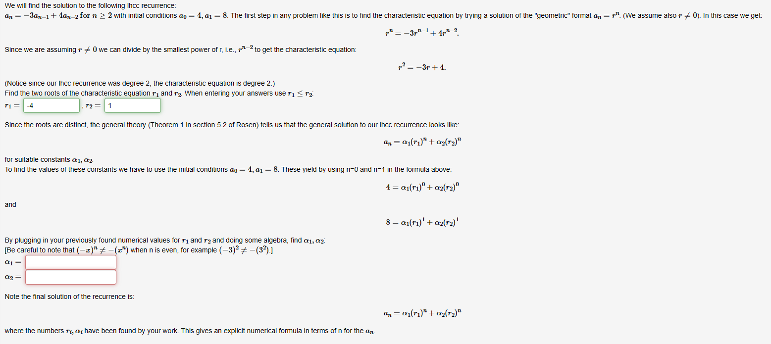 Solved an=−3an−1+4an−2 for n≥2 with initial conditions | Chegg.com