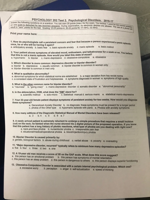 Solved PSYCHOLOGY 202 Test 2. Psychological Disorders, | Chegg.com