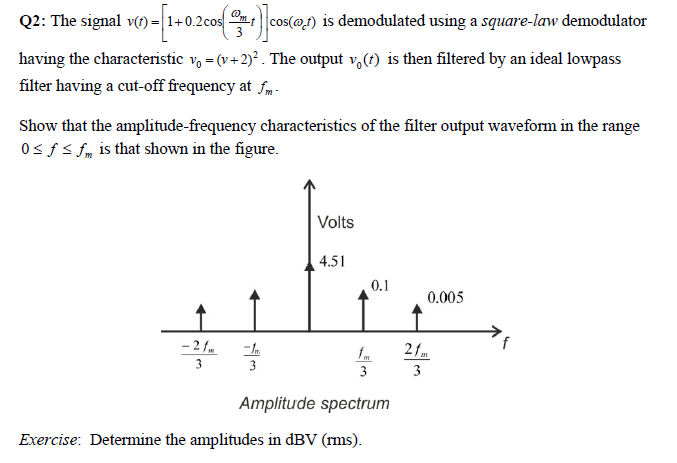 Solved Q2: The signal v(t)=[1+0.2cos(3ωmt)]cos(ωct) is | Chegg.com