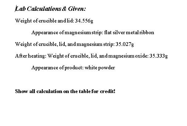 Solved Lab Calculations & Given: Weight of crucible and lid: | Chegg.com