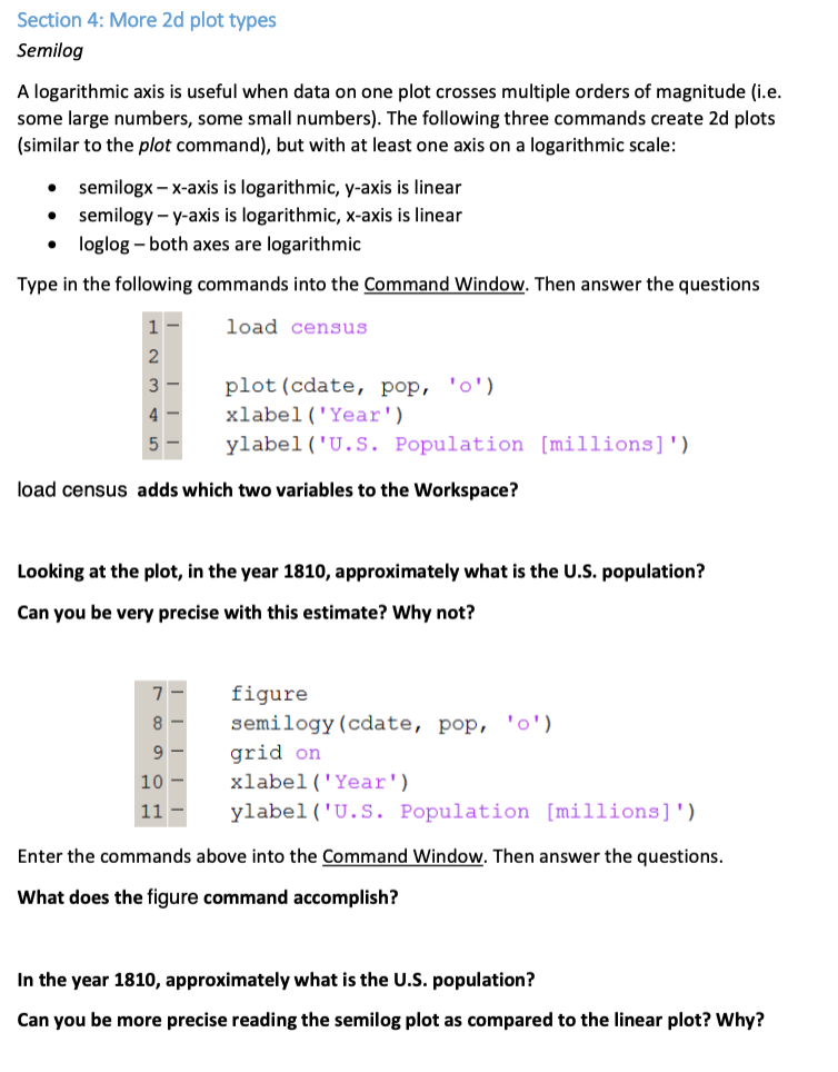 Solved Section 4: More 2d plot types Semilog A logarithmic | Chegg.com