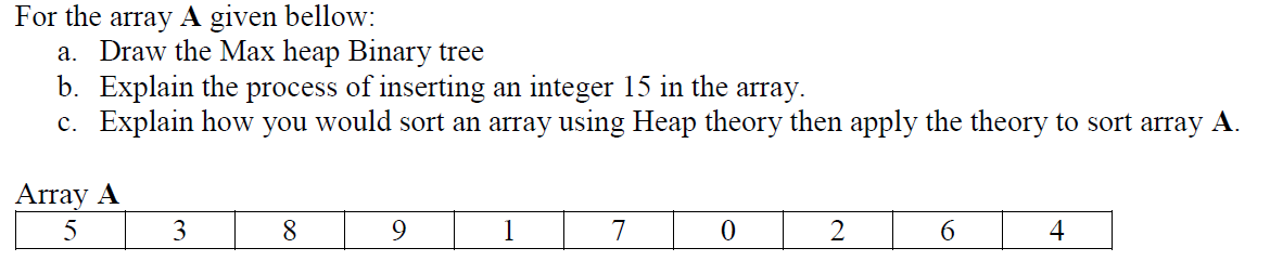 Solved For the array A given bellow: a. Draw the Max heap | Chegg.com
