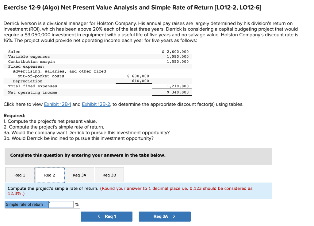 Solved Exercise 12-9 (Algo) Net Present Value Analysis and | Chegg.com