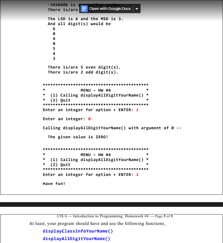 Solved MENU HW #4 (1) Calling displayAllDigitYourName ( ) | Chegg.com