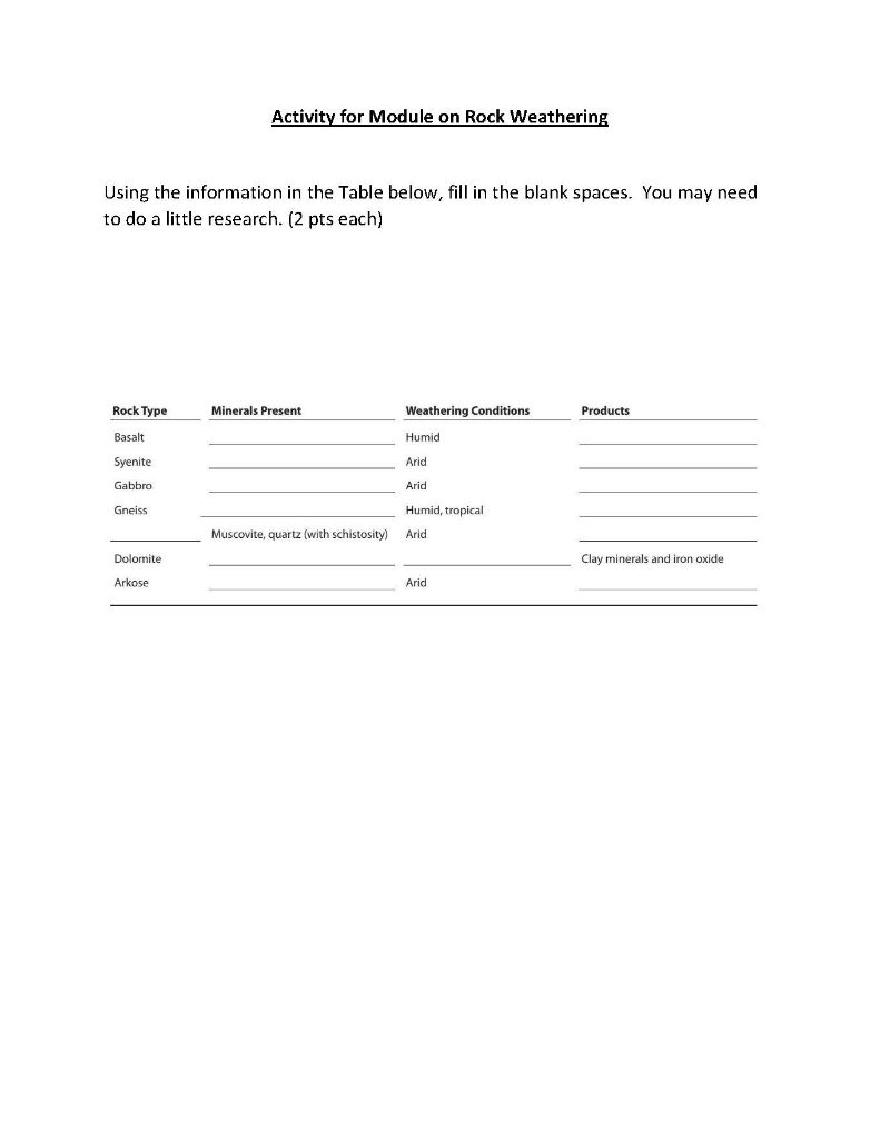 Solved Activity for Module on Rock Weathering Using the | Chegg.com