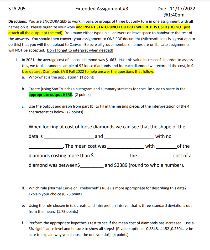 205 Extended Assignment \#3 Due: 11/17/2022 @1:40pm | Chegg.com