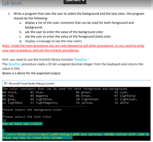 LAB MICROPROCESSOR IRVINE32 Using Irvine32 library | Chegg.com