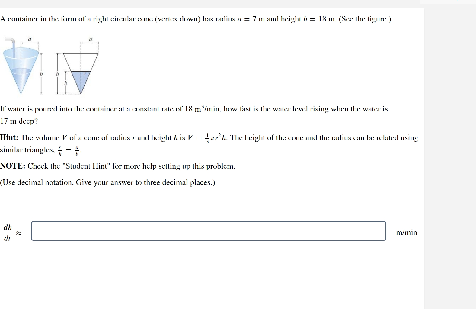 Solved A container in the form of a right circular cone | Chegg.com