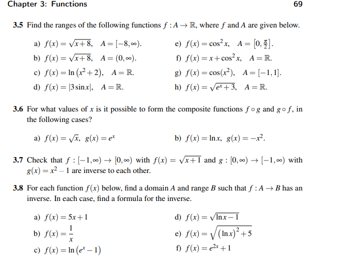 Solved 3.5 Find the ranges of the following functions f:A→R, | Chegg.com