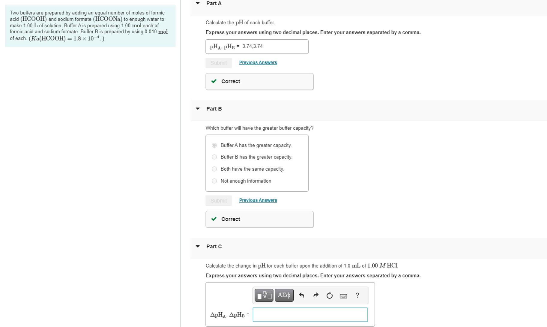 Solved Two buffers are prepared by adding an equal number of | Chegg.com