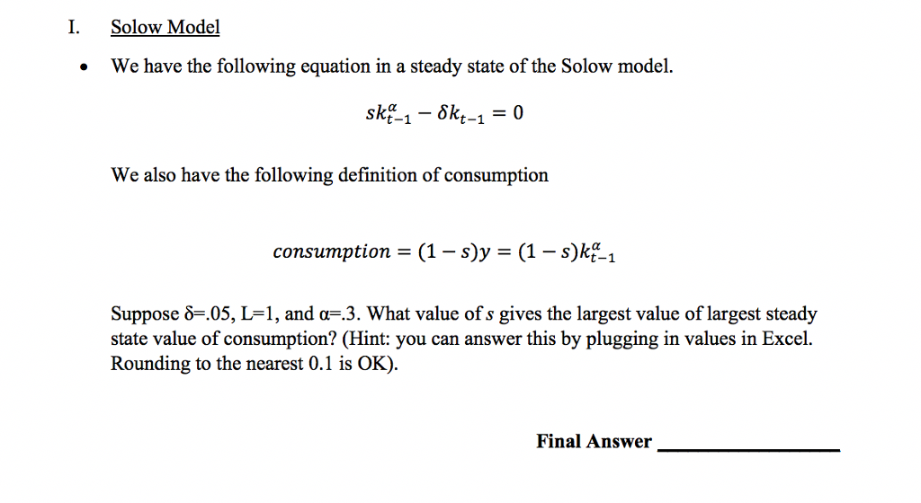 Solved I. Solow Model . We have the following equation in a | Chegg.com