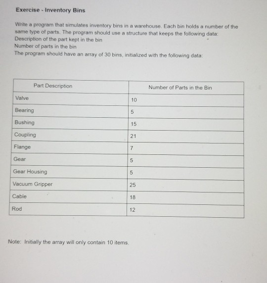Solved Exercise - Inventory Bins Write a program that | Chegg.com