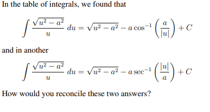 Solved In the table of integrals, we found that du -a2 -a | Chegg.com
