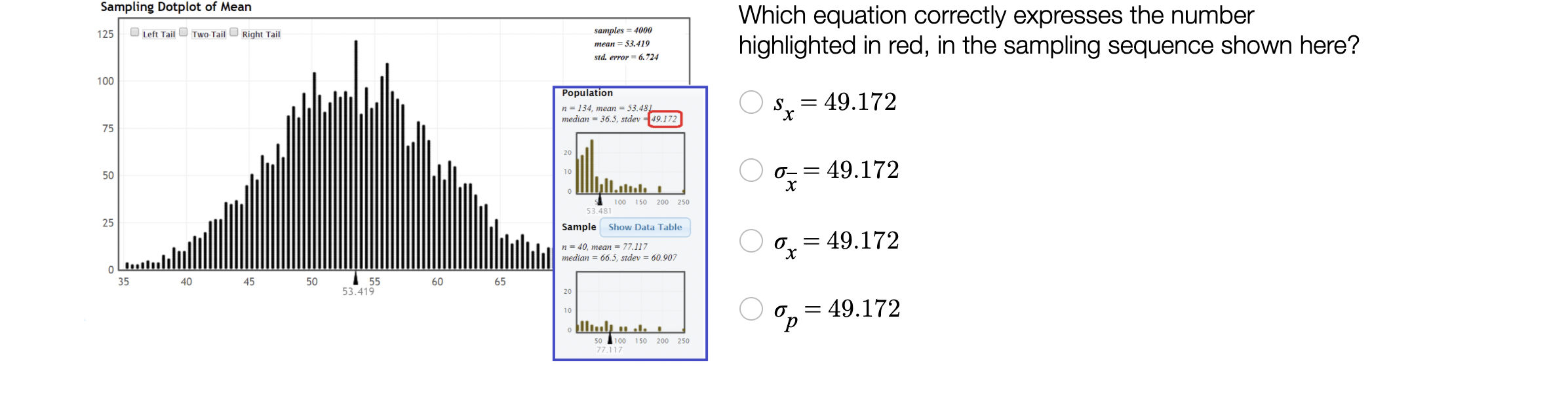 Solved 125 Left Tail Two-Tail Right Tail samples = 4000 mean | Chegg.com