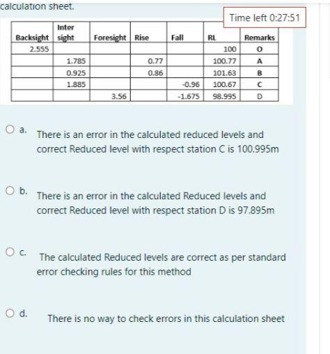 Solved a. There is an error in the calculated reduced levels | Chegg.com