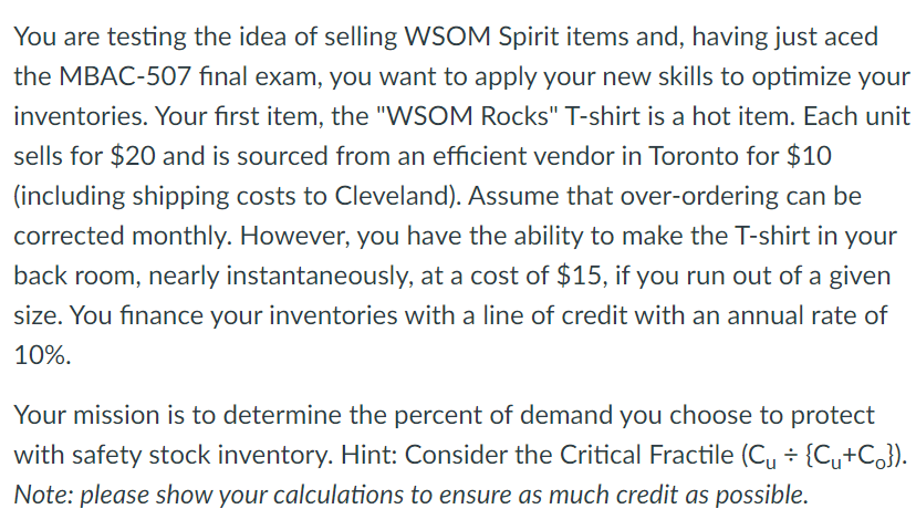 You are testing the idea of selling WSOM Spirit items | Chegg.com