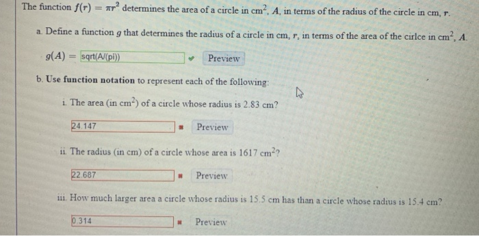 Solved The function f(r) = ㅠ2 determines the area of a | Chegg.com
