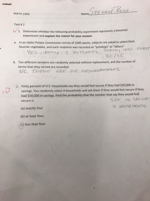 Solved ameE FAN OSs MATH 1342 Test # 2 V1. Determine whether | Chegg.com