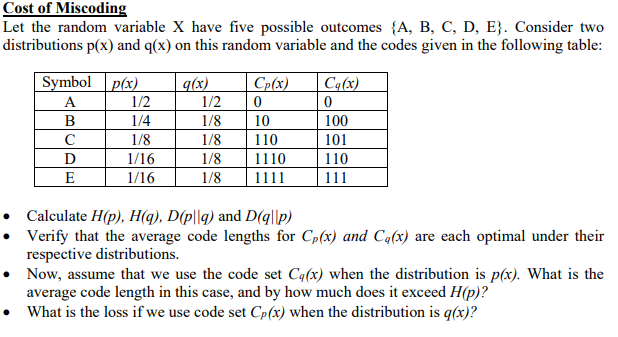 Solved Cost of Miscoding Let the random variable X have five | Chegg.com