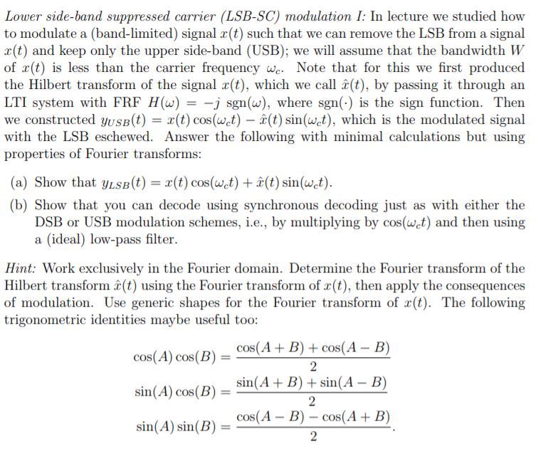 Solved Lower side-band suppressed carrier (LSB-SC) | Chegg.com