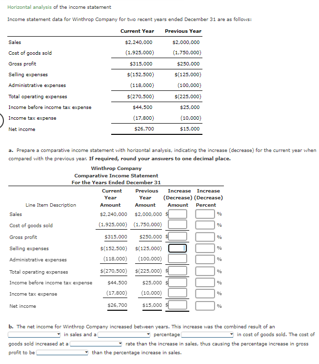 Solved Horizontal analysis of the income statement Income | Chegg.com