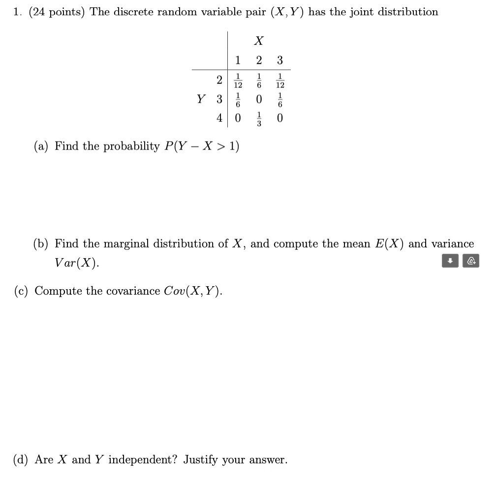 Solved 1. (24 points) The discrete random variable pair | Chegg.com