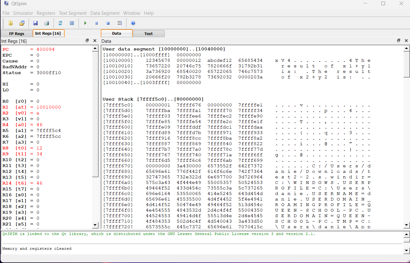 Go to “Data” Tab in QtSpim. Where exactly (memory | Chegg.com