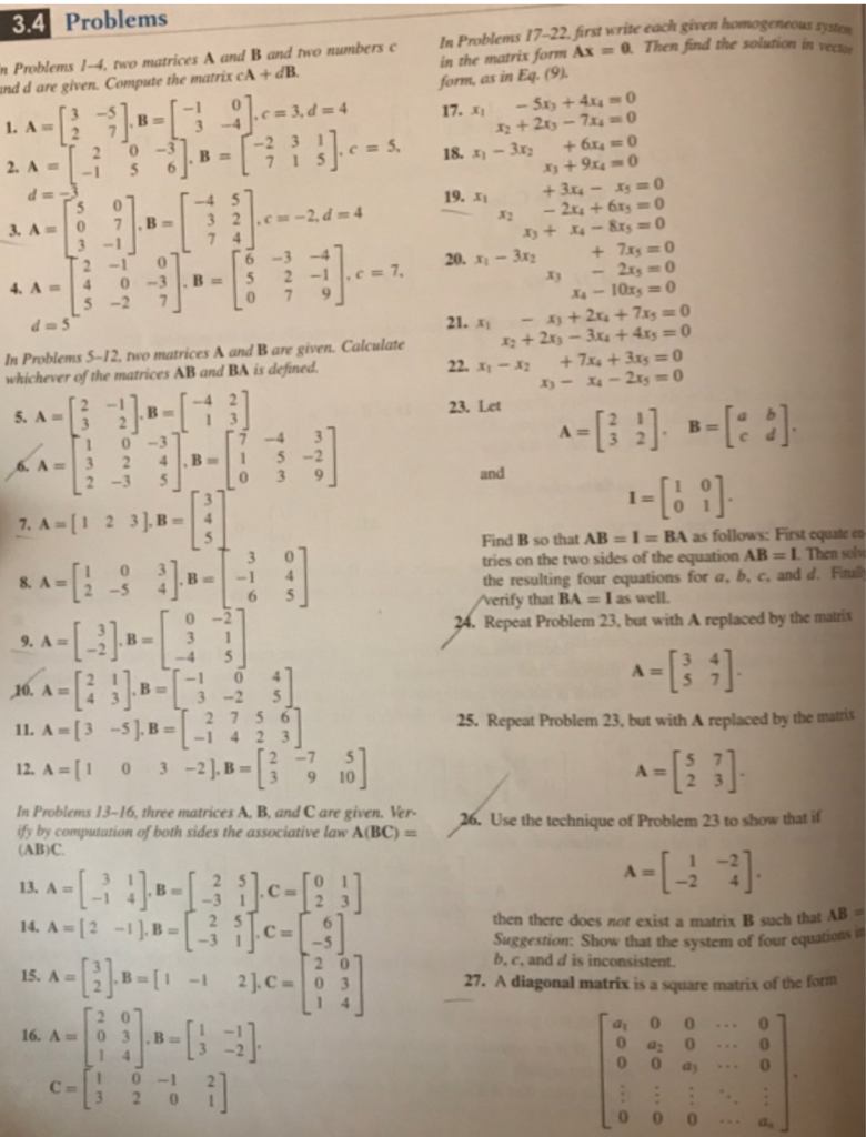 Solved 3.4 Problems Problems 1−4, two matrices A and B and | Chegg.com