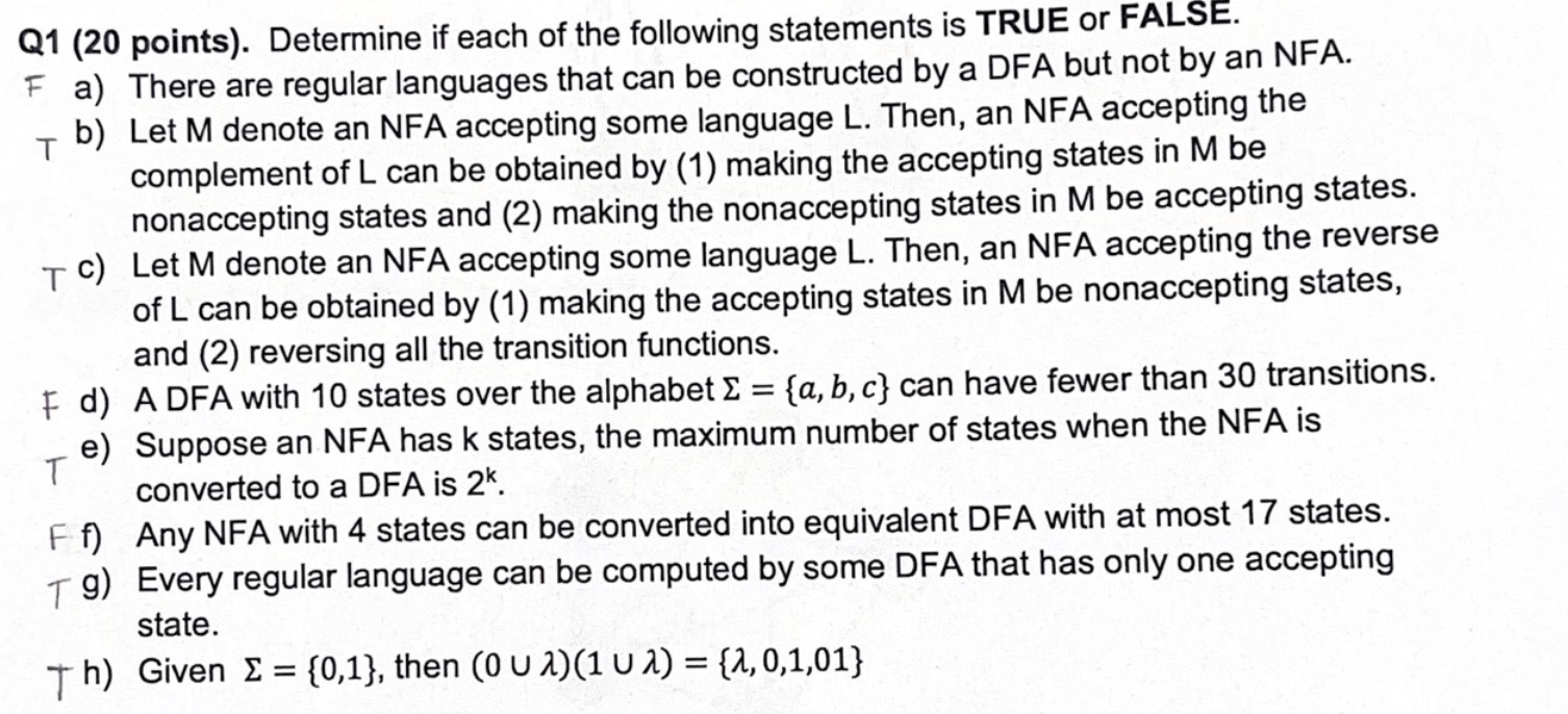Solved Q1 (20 points). Determine if each of the following | Chegg.com