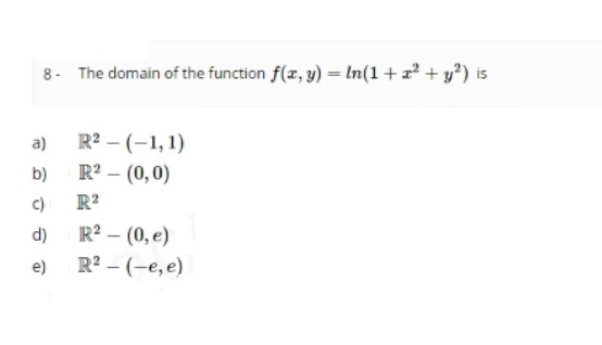 Solved 8. The domain of the function f(x,y)=ln(1+x2+y2) is | Chegg.com