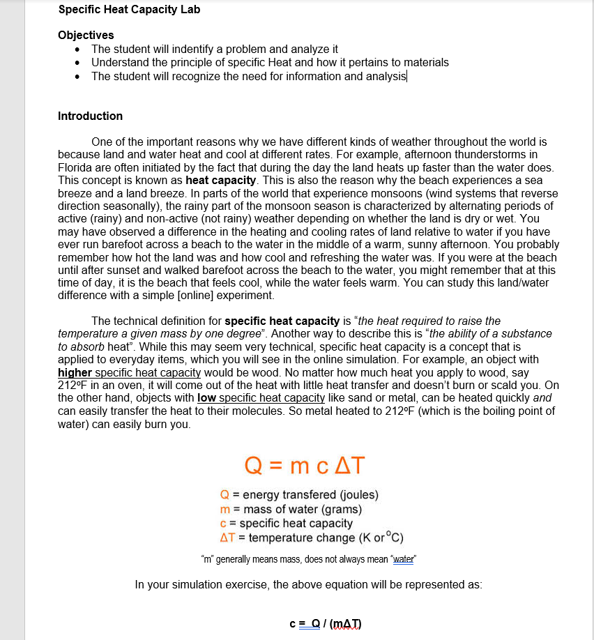 Solved Specific Heat Capacity Lab Objectives • The student | Chegg.com