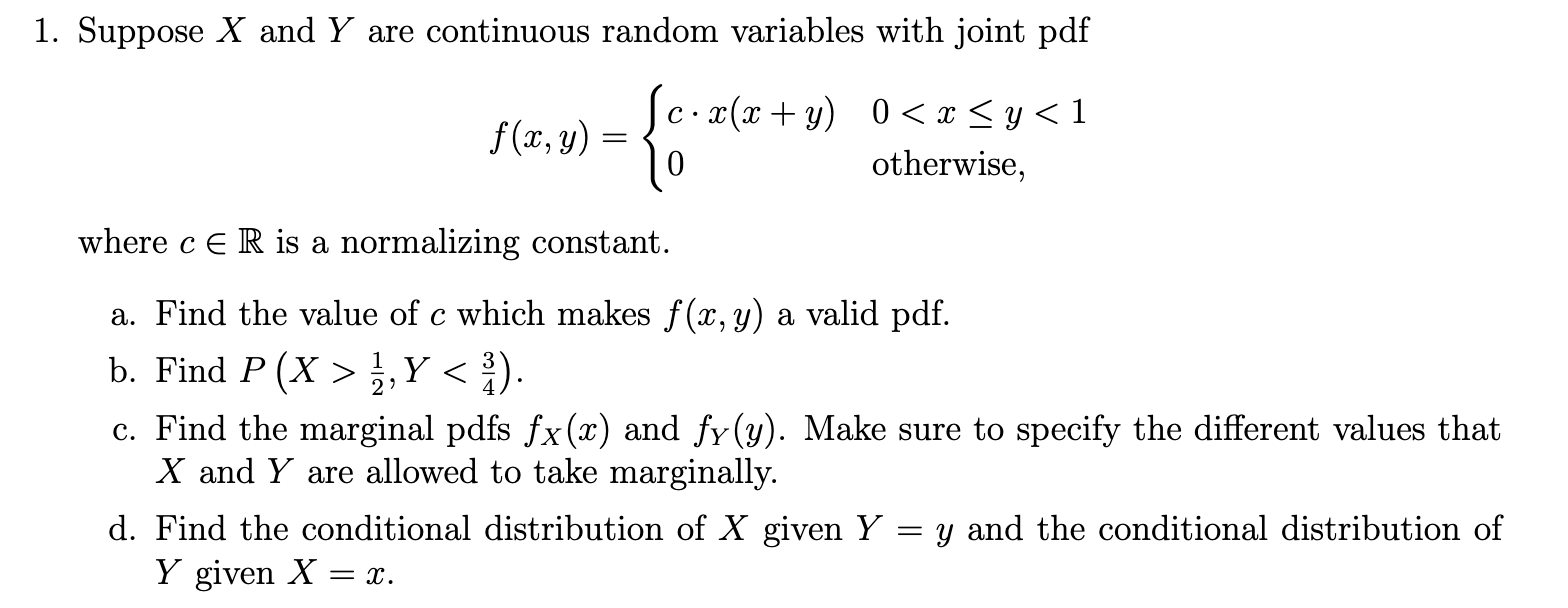 Solved 1. Suppose X and Y are continuous random variables | Chegg.com