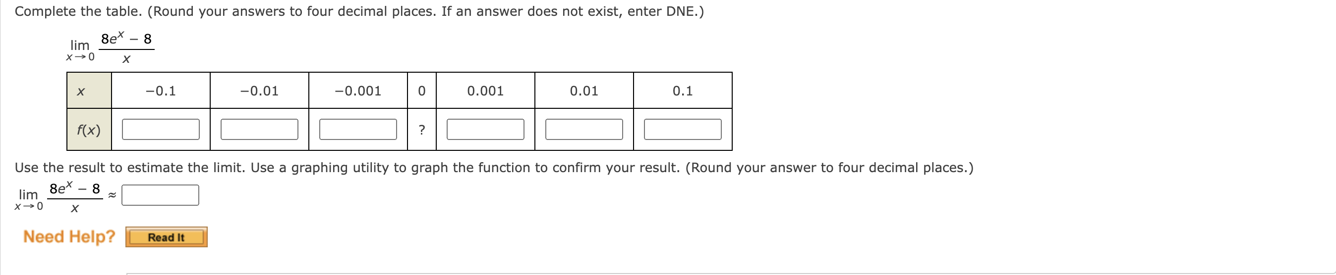 Solved limx→0x8ex−8 Use the result to estimate the limit. | Chegg.com