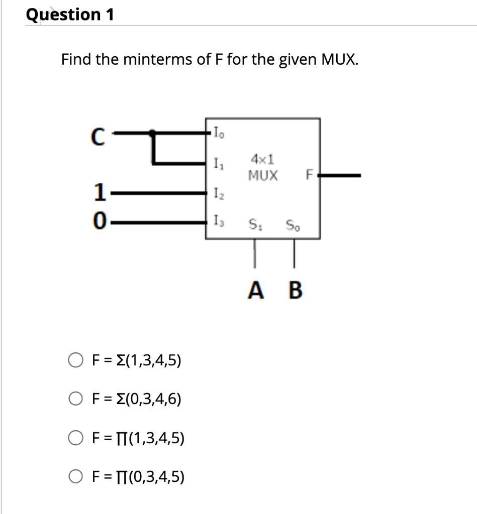 Solved Find the minterms of F for the given MUX. | Chegg.com