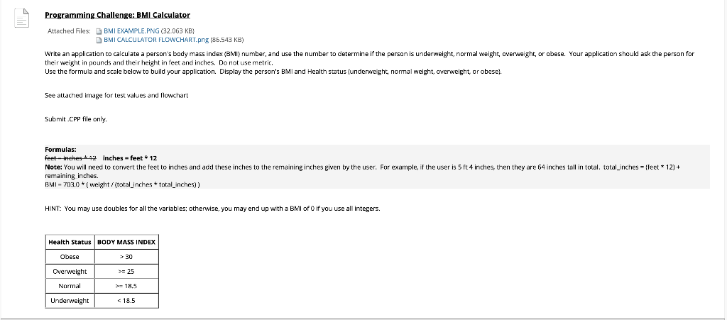 Solved Programming Challenge: BMI Calculator Attached Files: | Chegg.com