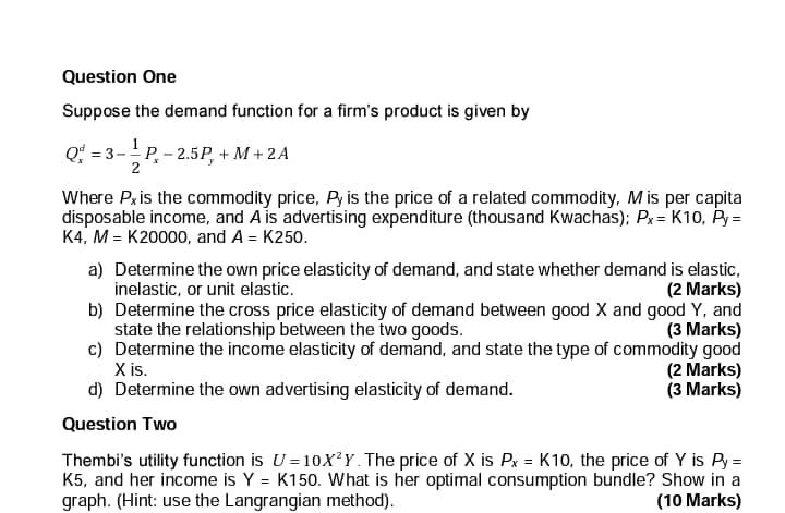 Solved Question One Suppose the demand function for a firm's | Chegg.com