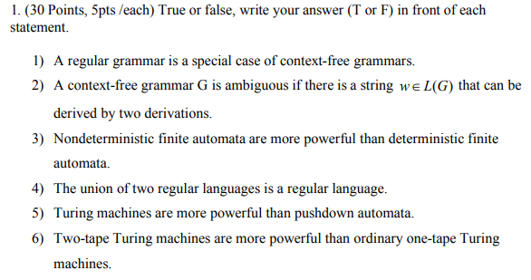 Solved 1 30 Points 5pts Each True Or False Write Your 